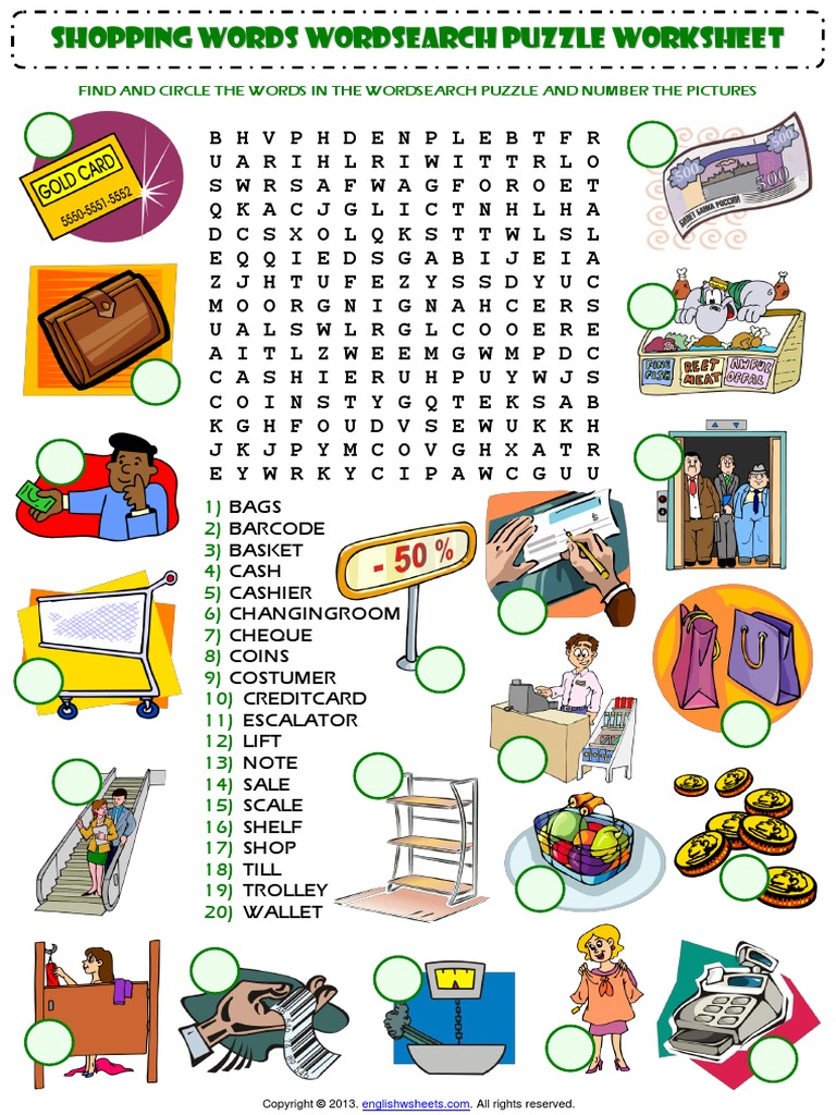 Shopping Words Wordsearch Puzzle Vocabulary Worksheet | PDF