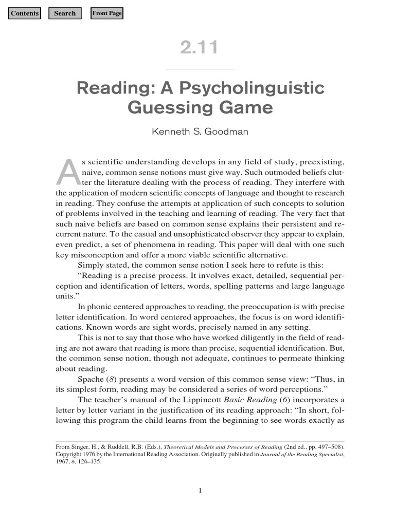 Reading: A Psycholinguistic Guessing Game: Kenneth S. Goodman | PDF