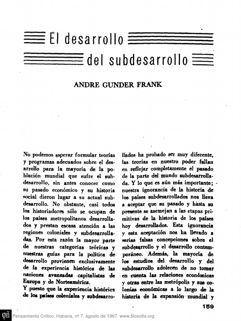 (1967 (1966) ) André Gunder Frank. El Desarrollo Del Subdesarrollo (En ...