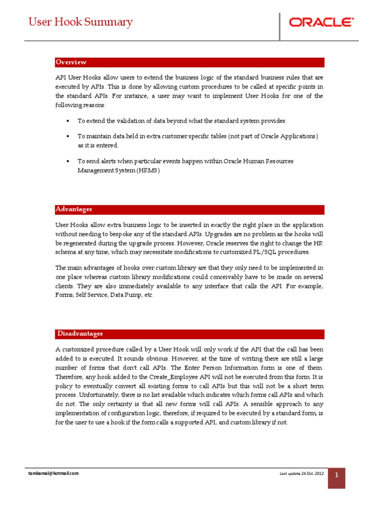 User Hook Summary Pdf Pdf Oracle Database Application Programming Interface