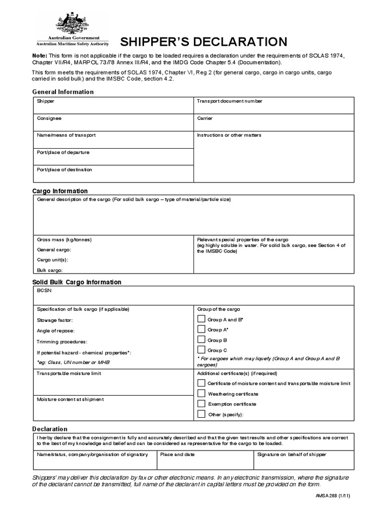 AMSA268 Shipper's Declaration | PDF