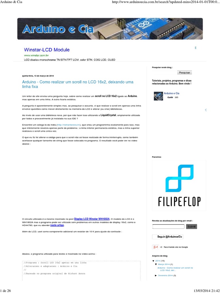 Como Fazer Um Scroll Com O Lcd 16x2 Arduino And Cia Pdf Arduino 4568