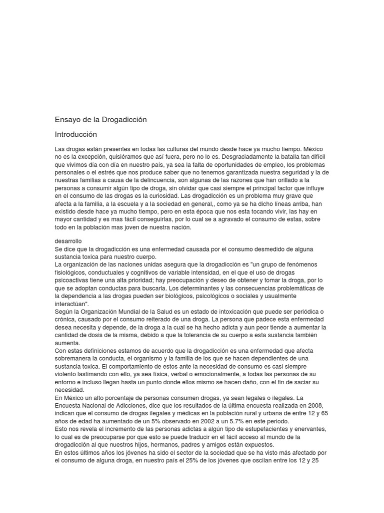 Ensayo Sobre La Drogadicción | Descargar gratis PDF | La dependencia de sustancias | Drogas