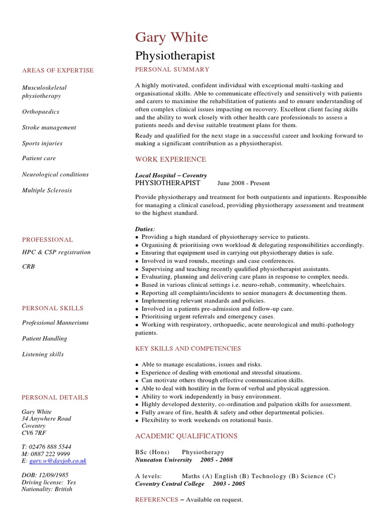 Physiotherapist CV Template | PDF | Physical Therapy | Patient