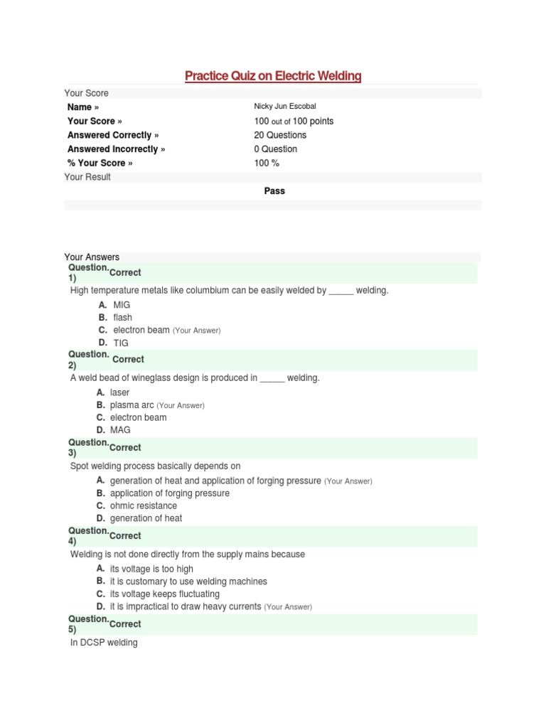 Practice Quiz On Electric Welding | PDF | Welding | Construction