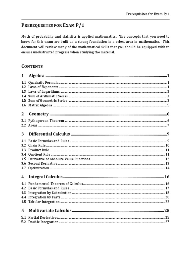 Exam P/1 Math Prerequisites Guide | PDF | Area | Integral