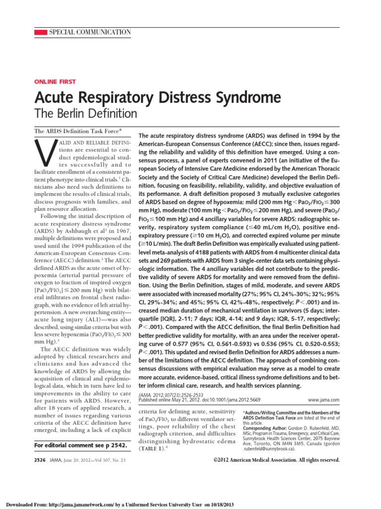 Acute Respiratory Distress Syndrome - The Berlin Definition. | PDF ...
