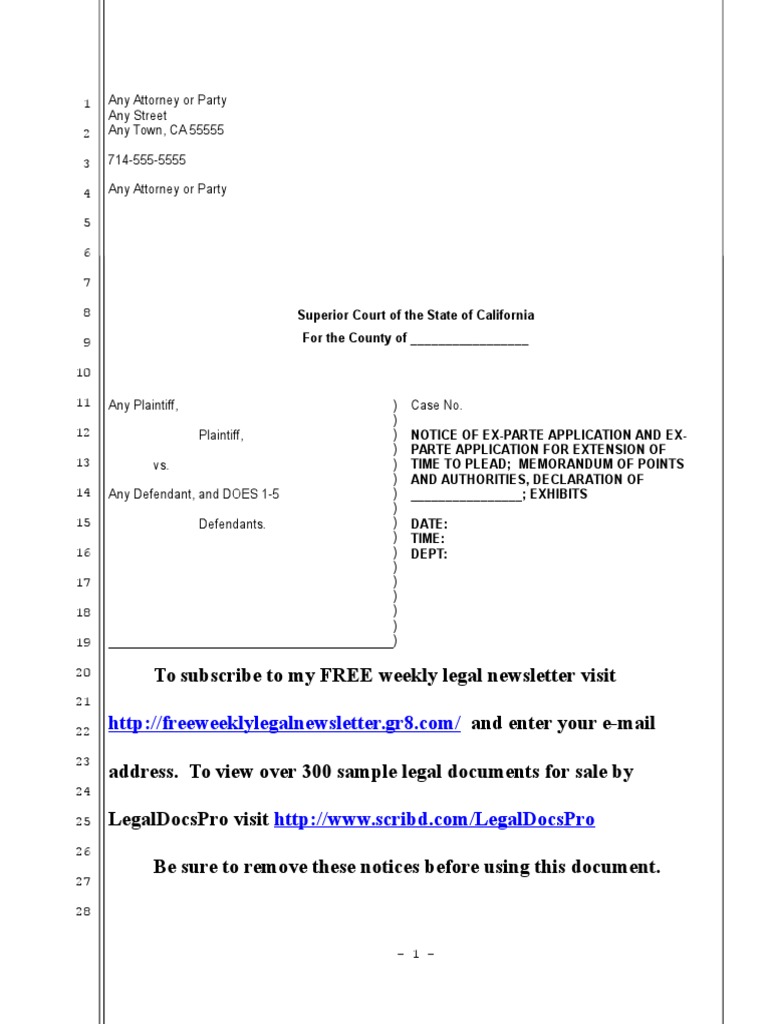 Sample Ex-Parte Application For Extension of Time To Plead For ...