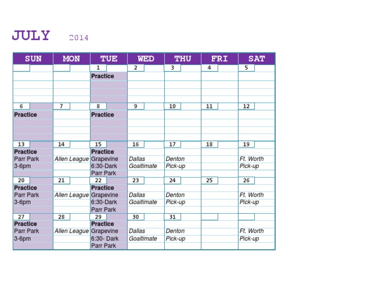 July 2014 Goaltimate Practice Schedule | PDF