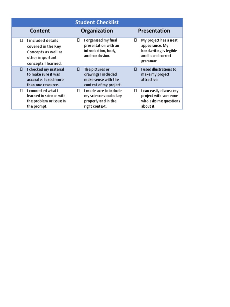Student Project Checklist Sample | PDF