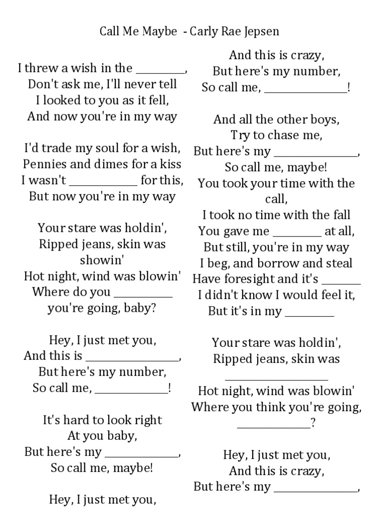 Call Me Maybe Lyrics (Carly Rae Jepsen) | PDF | Cooking, Food & Wine ...