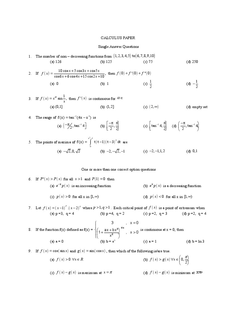 Practice Iit Jee Calculus Question Paper | PDF | Derivative | Algebra