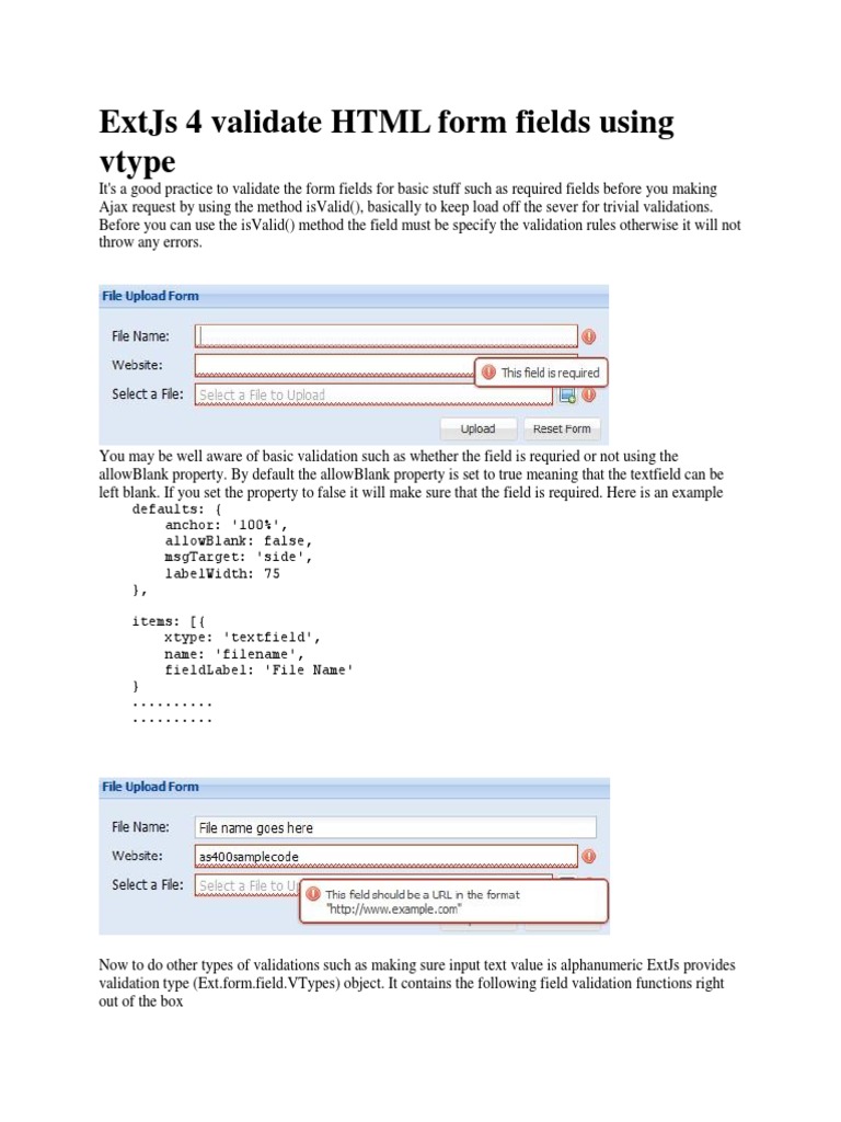 ExtJs 4 Validate HTML Form Fields Using Vtype | PDF | Filename | Areas Of Computer Science