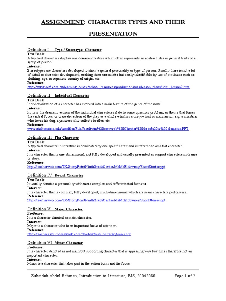 Assignment: Character Types and Their Presentation | PDF