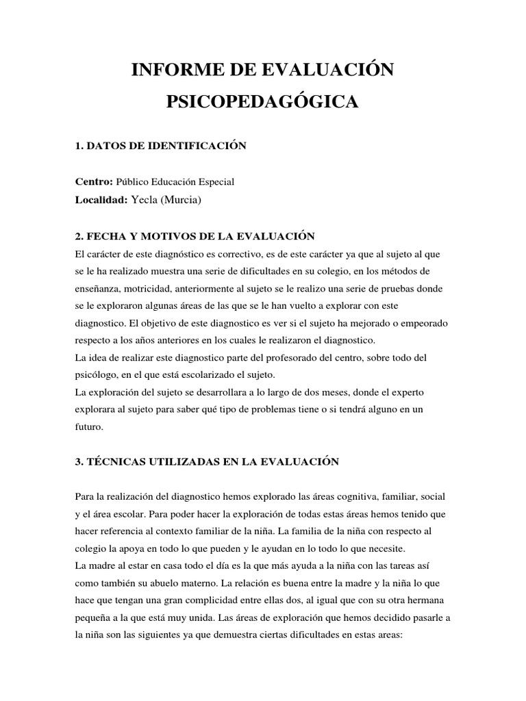 Informe de Evaluación Psicopedagógica Bueno!!!!!!!!!!!! Informe de Evaluación Psicopedagógica Bueno!!!!!!!!!!!!