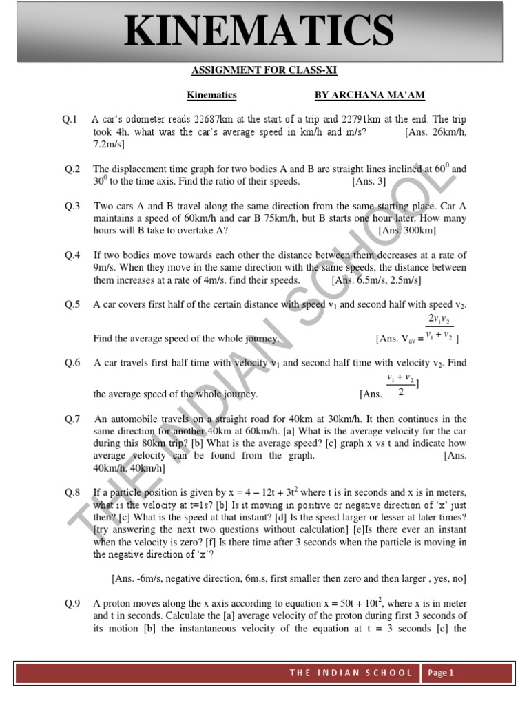 CBSE CLASSXI Kinematics (Assignment) FINAL | PDF | Speed | Velocity