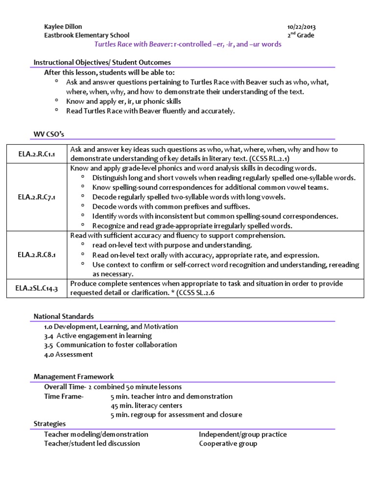 Turtles Race W Beaver Lesson Plan | PDF | Reading Comprehension ...