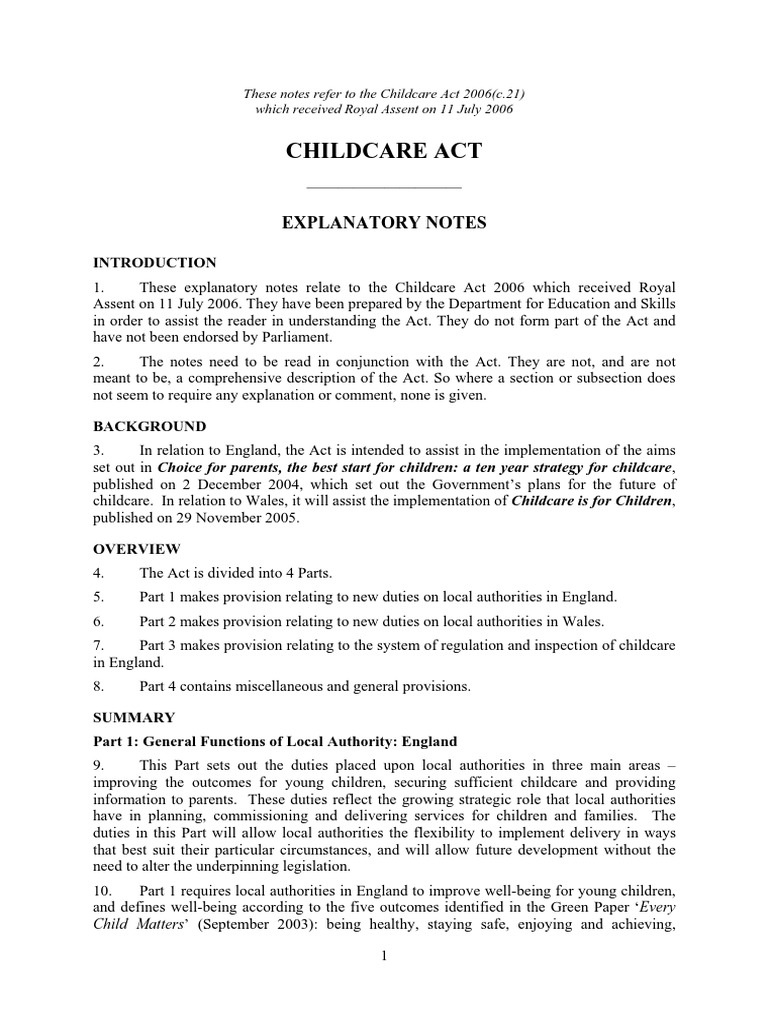 Childcare Act: Explanatory Notes | Download Free PDF | Nanny | Child Care