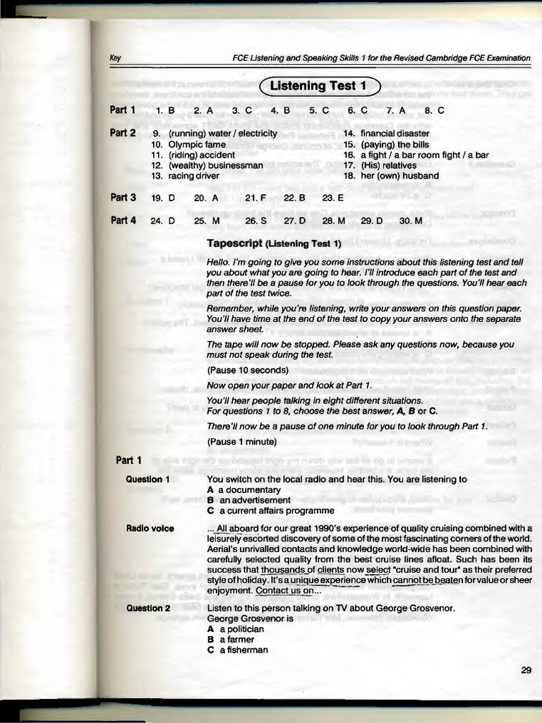 FCE 1 Listening & Speaking Skills - Answer Key | PDF