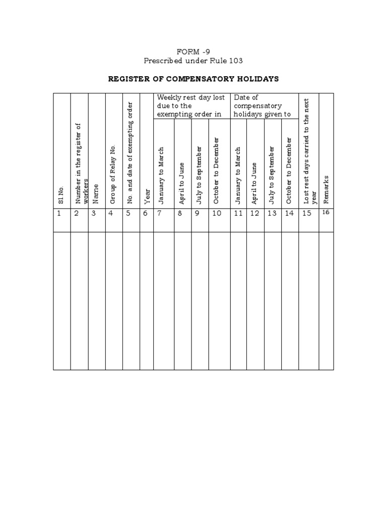 Form 9 Prescribed Under Rule 103 Register of Compensatory Holidays ...