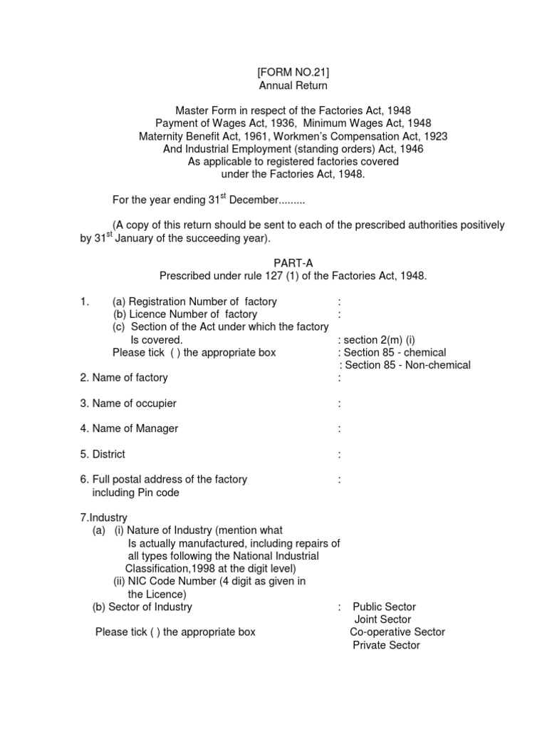 Form No. 21 Prescribed Under Rule 127 Annual Return | Wage | Workers ...