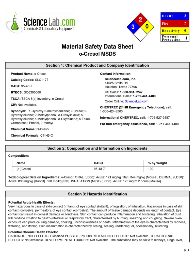 Msds Cresol | Toxicity | Dangerous Goods