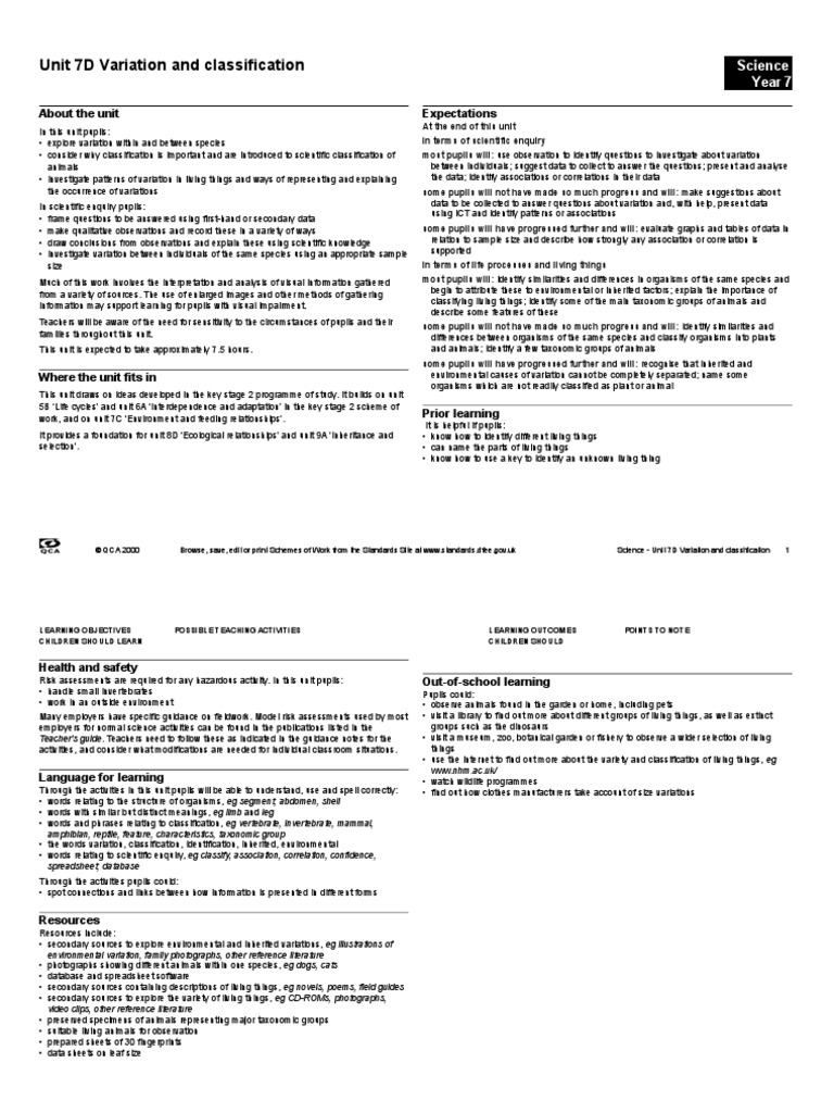 7D Variation and Classification Temly Planning | PDF | Invertebrate | Taxonomy (Biology)