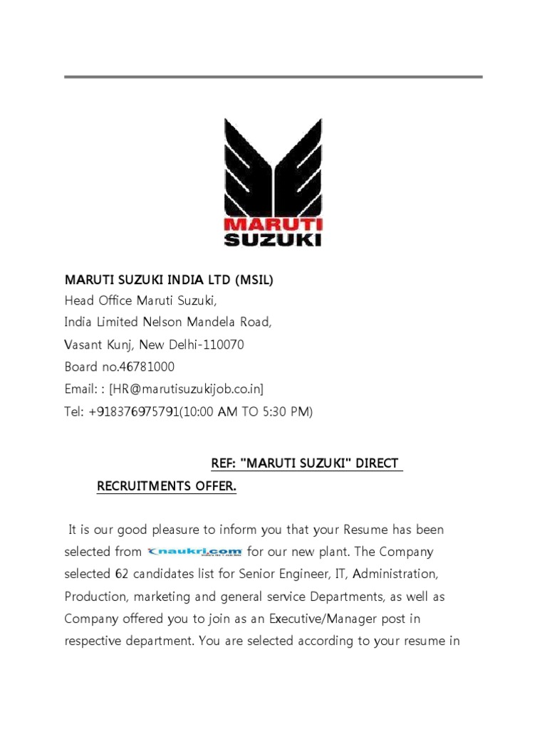 Maruti Suzuki Interview Letter | PDF