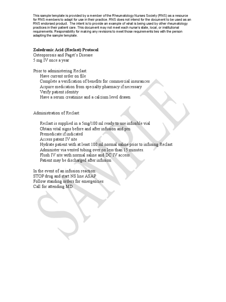 Rheumatology Nurses: Reclast Protocol | PDF