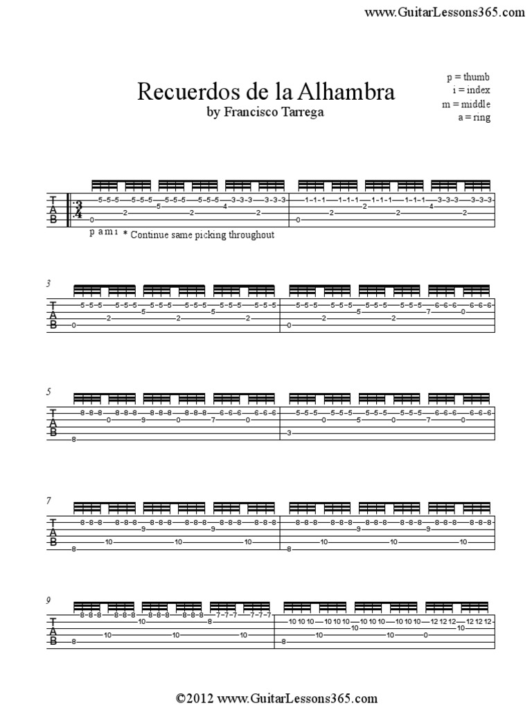 Recuerdos Del A Alhambra Tab | PDF | Guitarra clásica