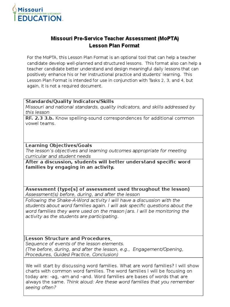 Word Families Lesson Plan Day 2 | PDF | Lesson Plan | Learning