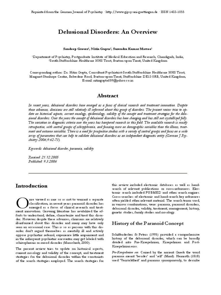 Delusional Disorder - An Overview | PDF | Paranoia | Diagnostic And ...