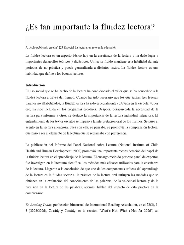 Importancia de la fluidez lectora | PDF | Lectura (proceso ...