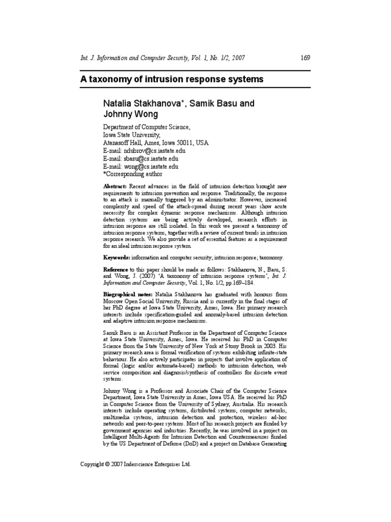 A Taxonomy of Intrusion Response Systems | PDF | Computing | Areas Of ...