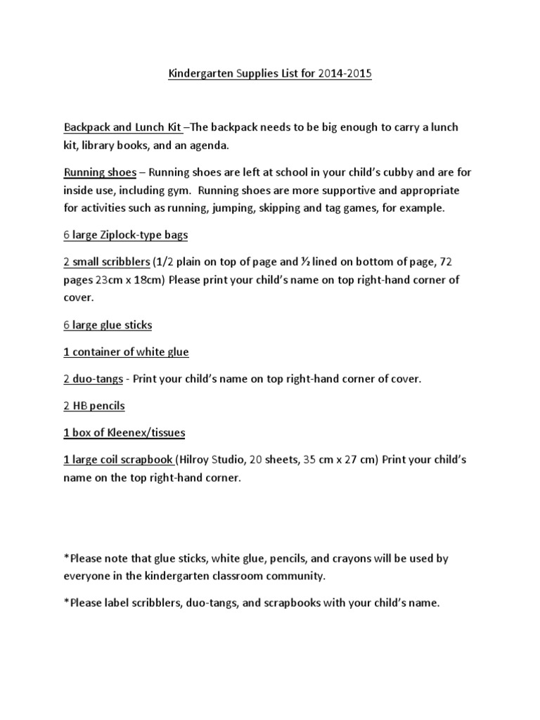 Kindergarten Supplies List For 2014 2015 | PDF | Art