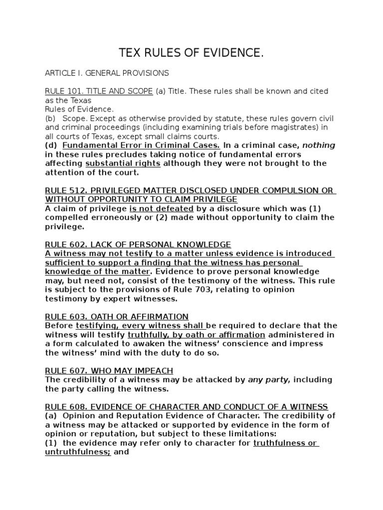 Tex Rules of Evid | PDF | Witness | Testimony