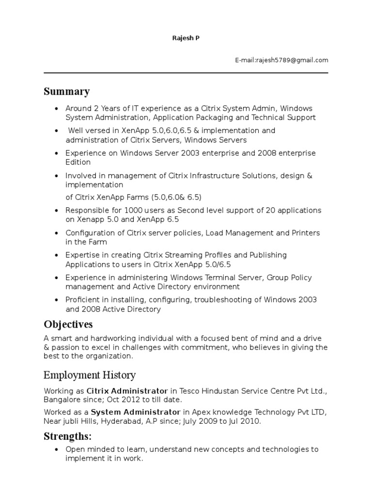 A Detailed Resume and Skills Summary for a Citrix and Windows Systems ...