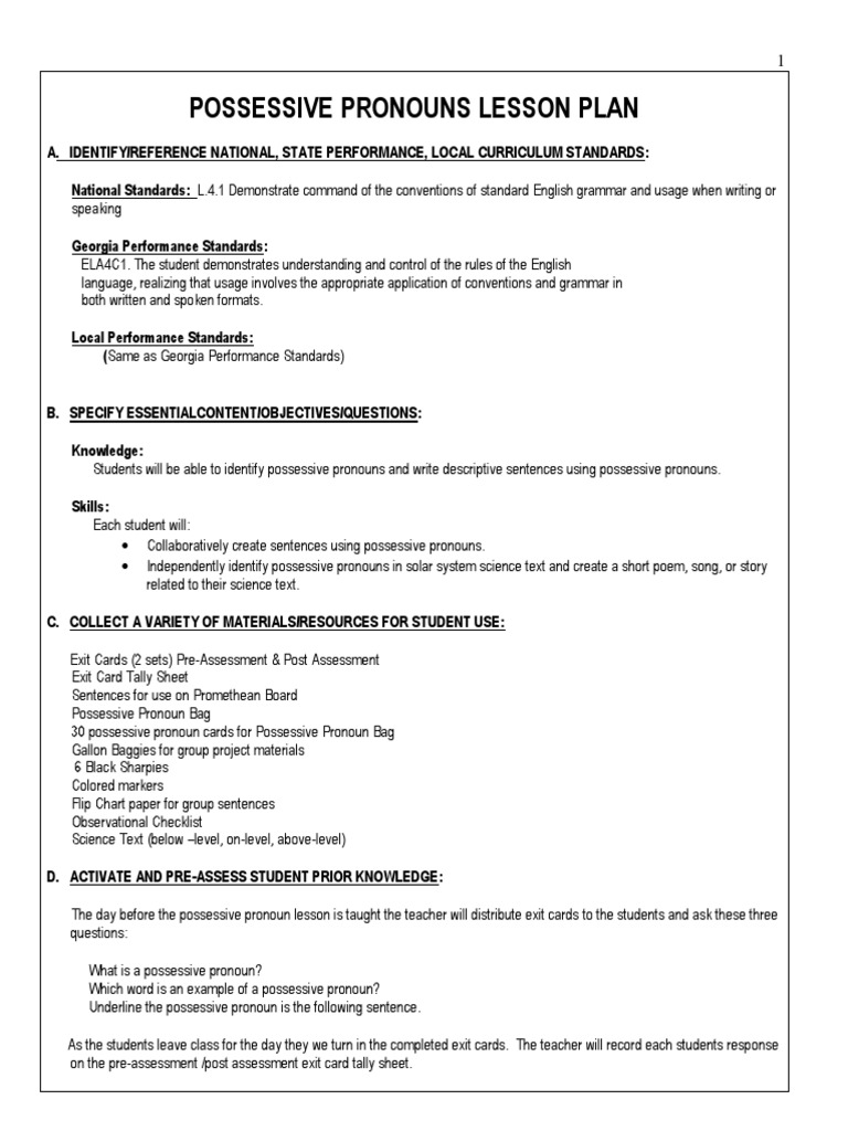 Grade 4 Possessive Pronouns Lesson Plan | PDF | Pronoun | Lesson Plan
