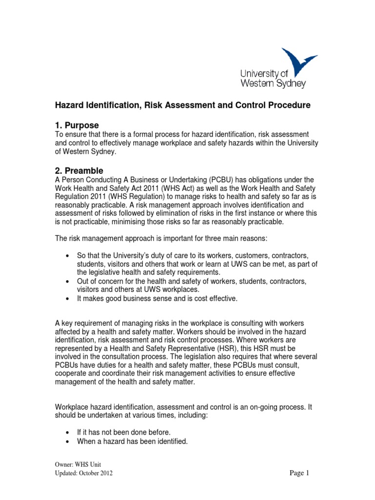 Hazard Identification, Risk Assessment and Control Procedure | PDF ...
