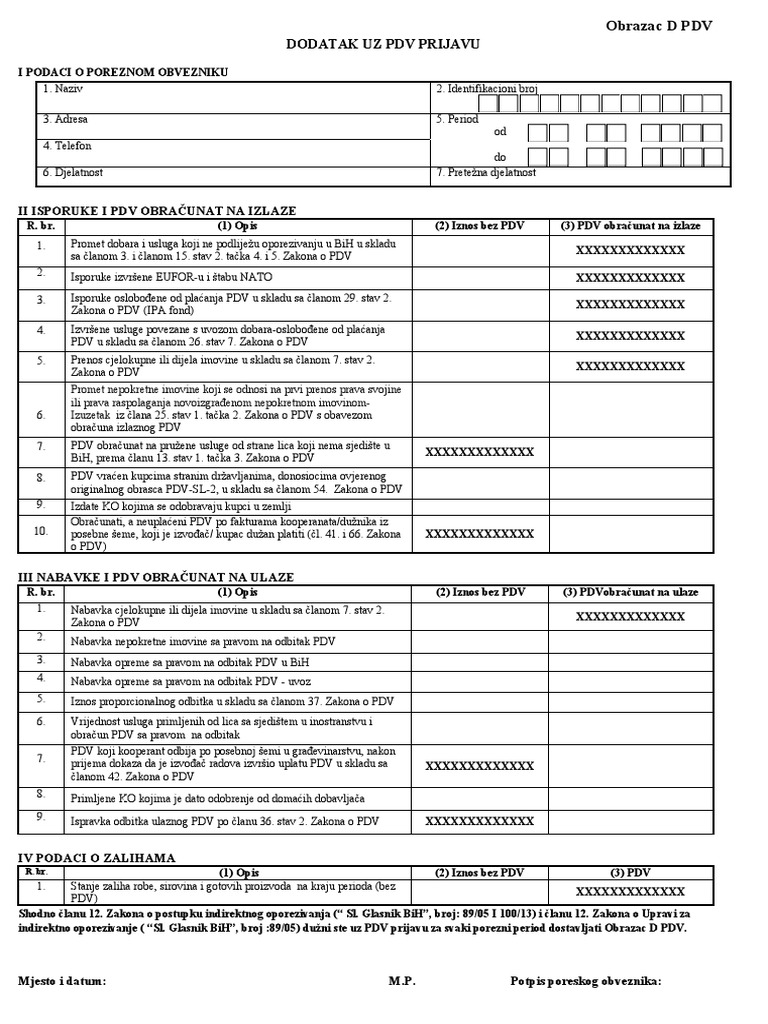 Dodatak Uz PDV Prijavu Obrazac D PDV BOS | PDF