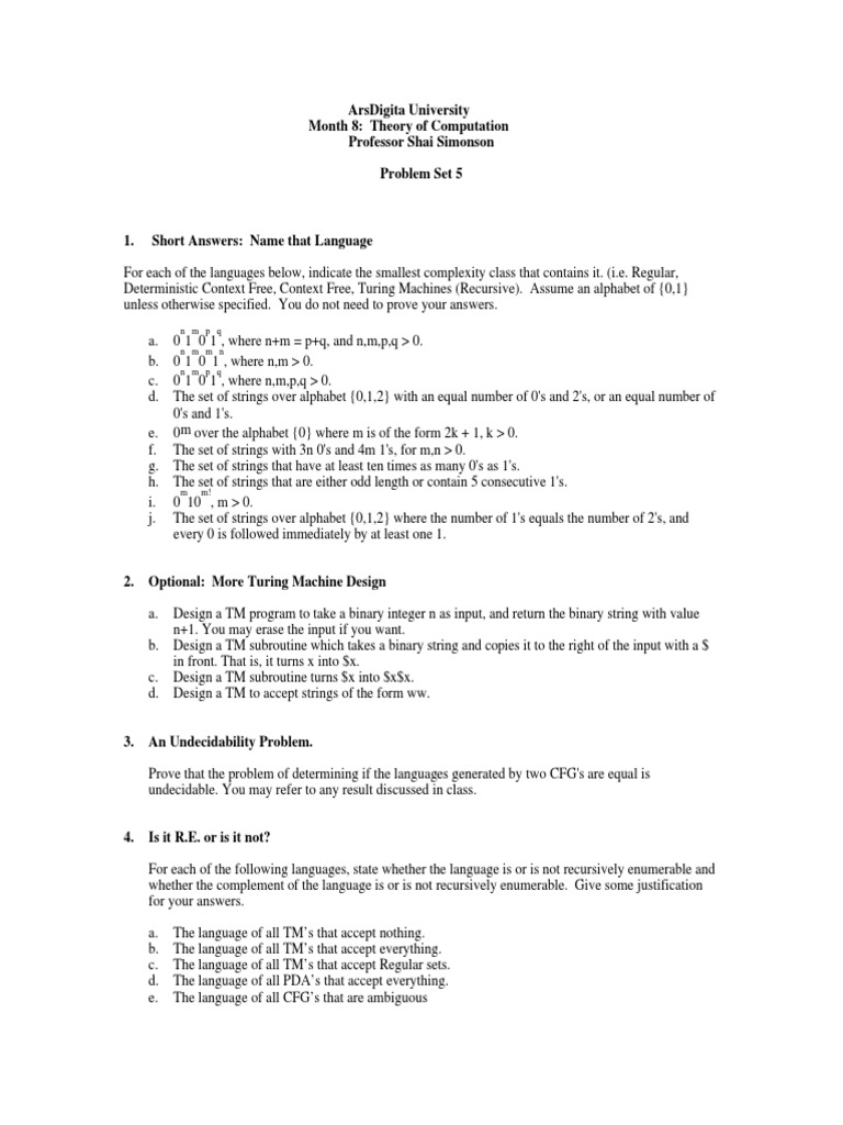 Arsdigita University Month 8: Theory of Computation Professor Shai Simonson Problem Set 5 | PDF ...