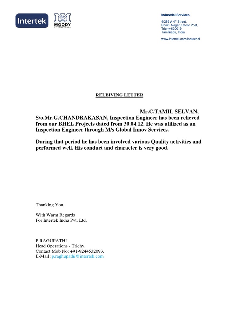 Releiving Letter: Thanking You, With Warm Regards For Intertek India ...