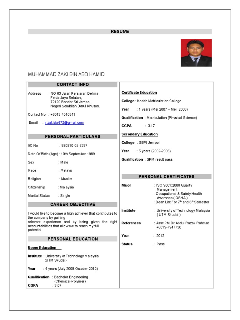 CV Muhammad Zaki B Abd Hamid | PDF