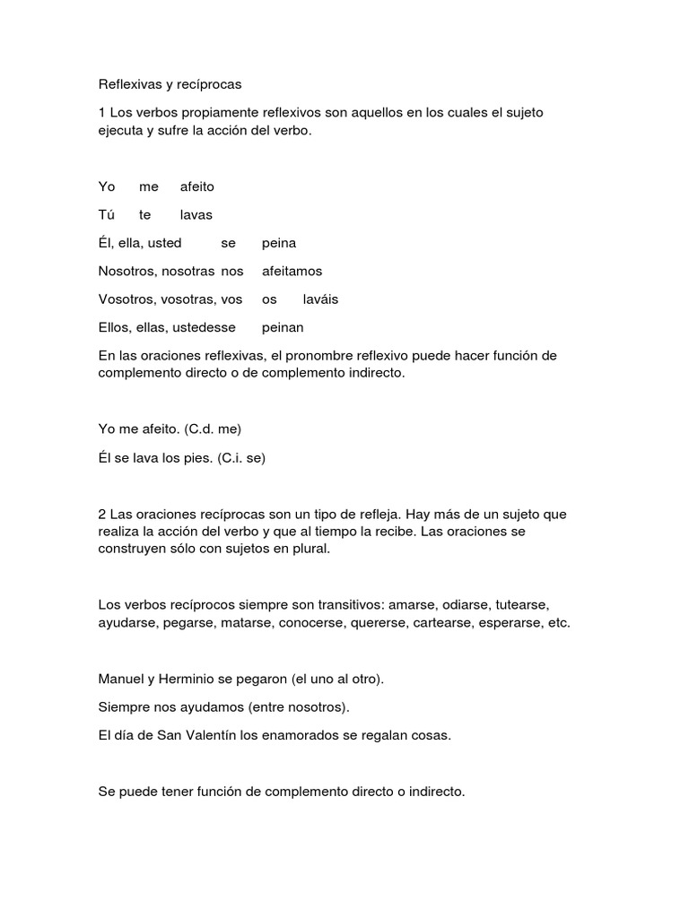 Verbos Reflexivos y Recíprocos en Español | PDF | Objeto (gramática ...