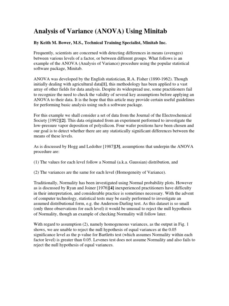Analysis of Variance (ANOVA) Using Minitab: by Keith M. Bower, M.S ...