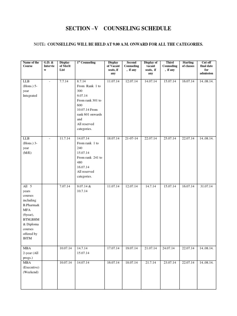 University Counseling Schedule 2014 | PDF