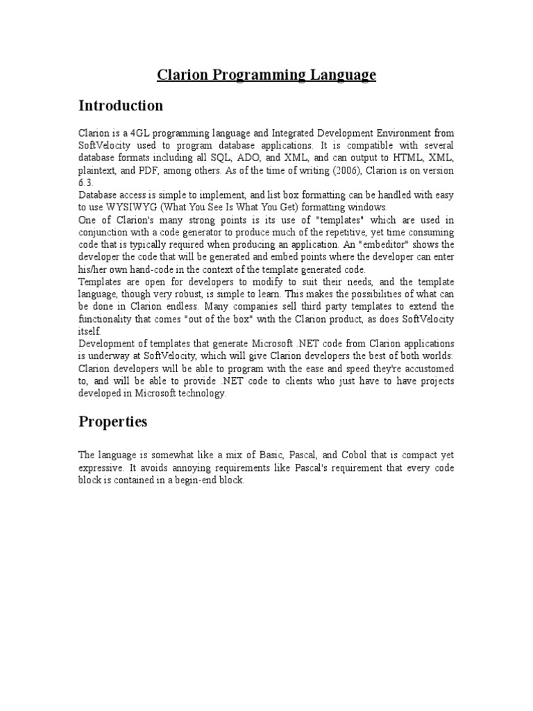 Clarion Programming Language Pdf Computer Science Software 0554
