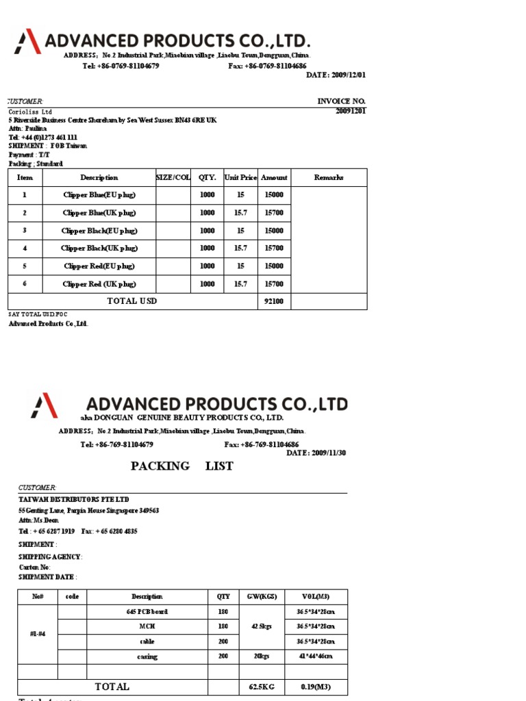 Invoice and Packing List for Shipment | PDF | Business