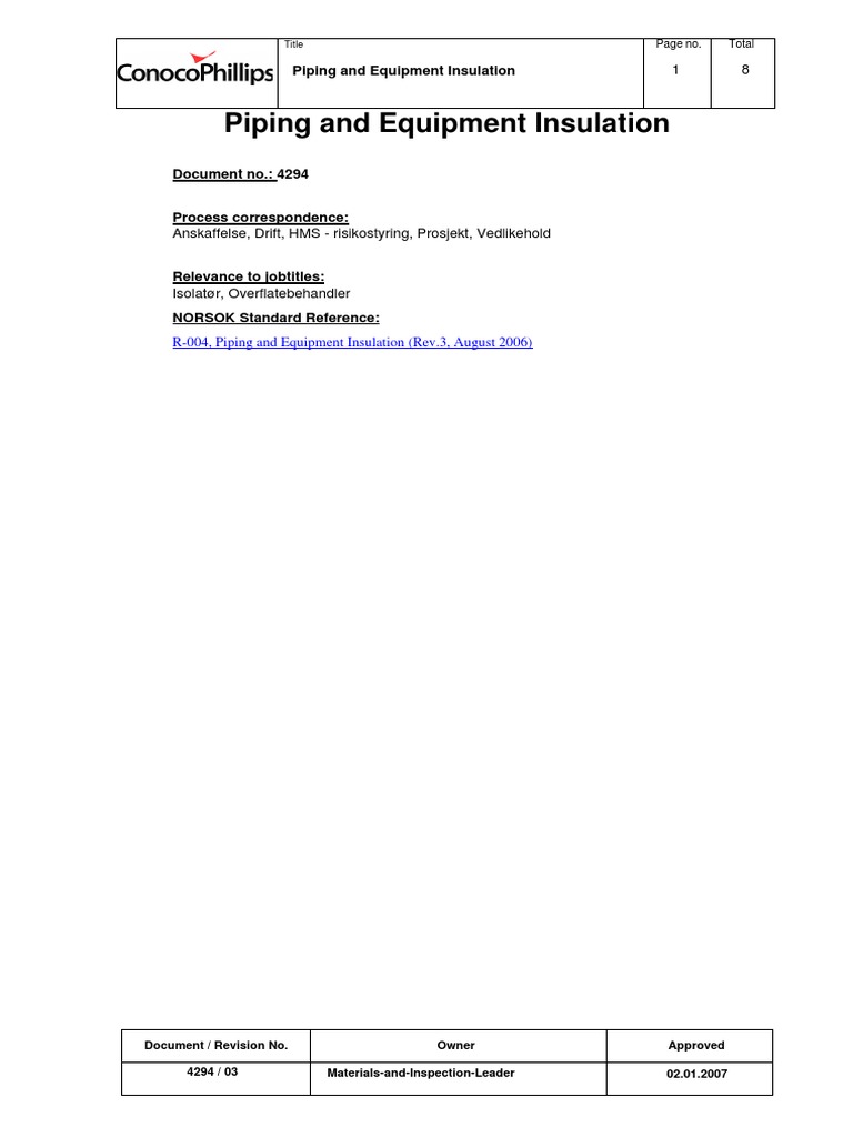 4294PipingEquip Insulation - Rev3-020107 Conoco Philips | PDF ...