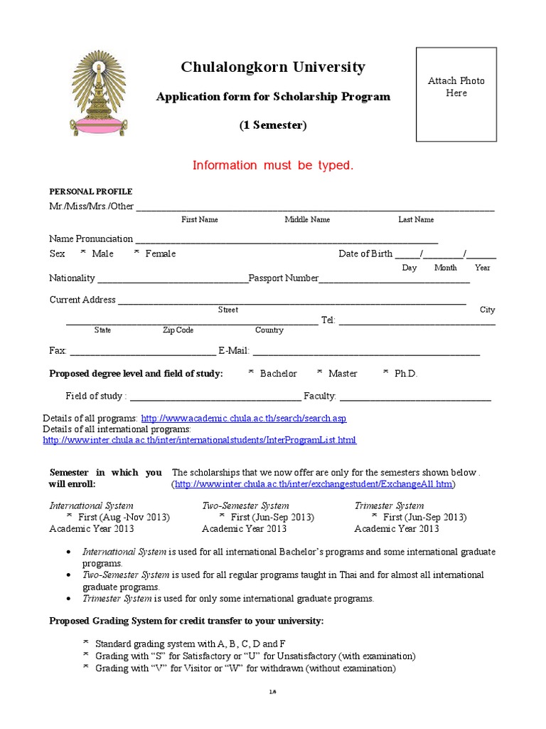 Chulalongkorn University: Application Form For Scholarship Program (1 ...